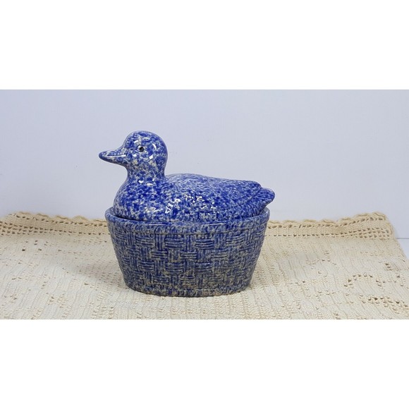 Accents | Vintage Blue And White Spongeware Nesting Duck Ceramic Dish ...